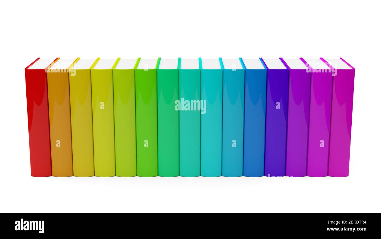 Colorful rainbow colored hardcover books row with blank covers over ...