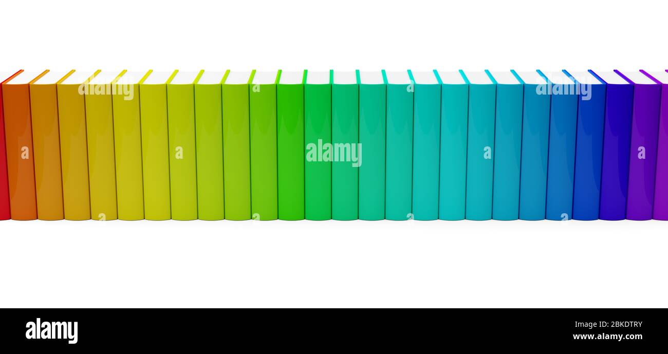 Colorful rainbow colored hardcover books row with blank covers over ...