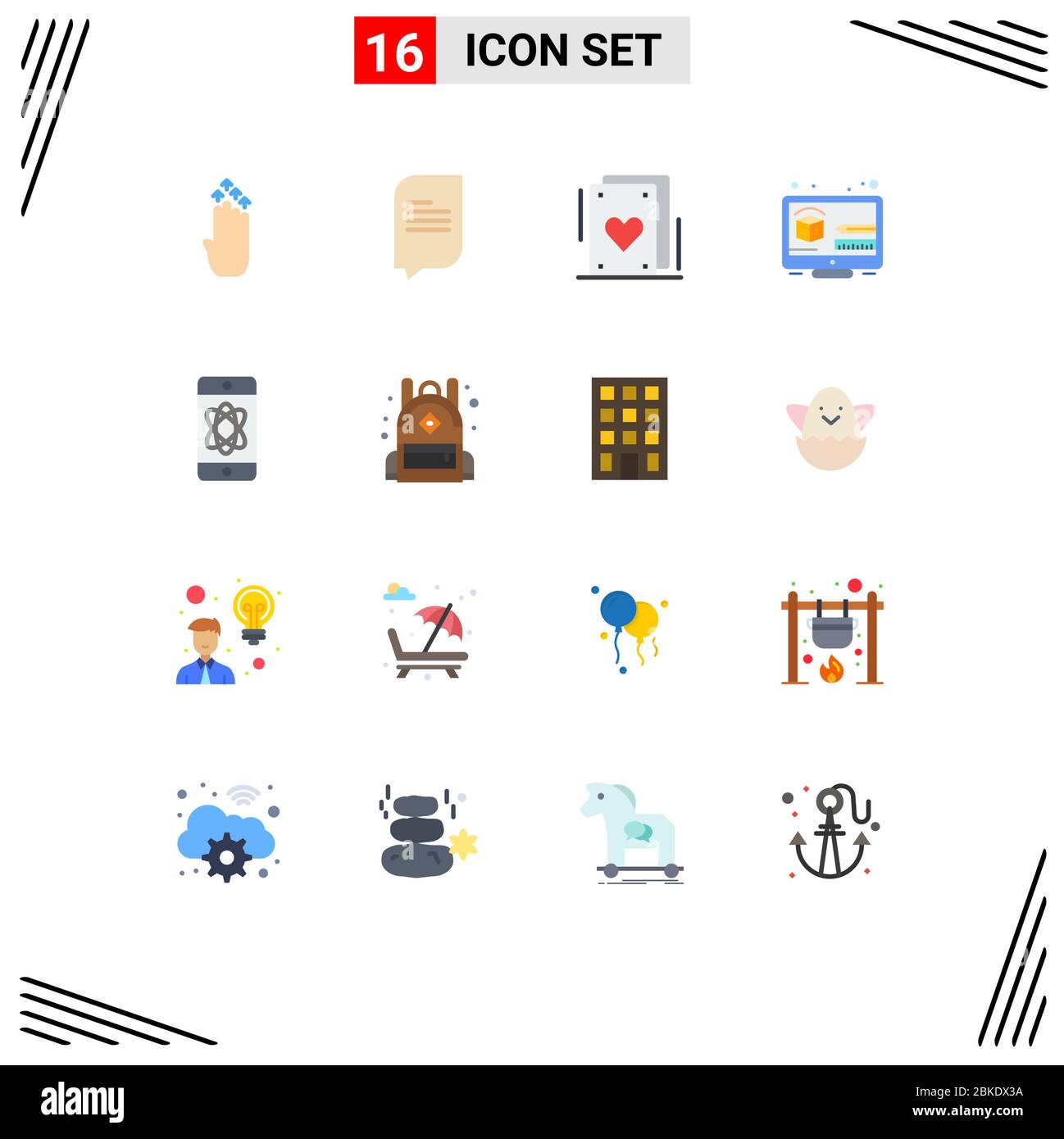 Mobile Interface Flat Color Set of 16 Pictograms of space, atom, cards ...