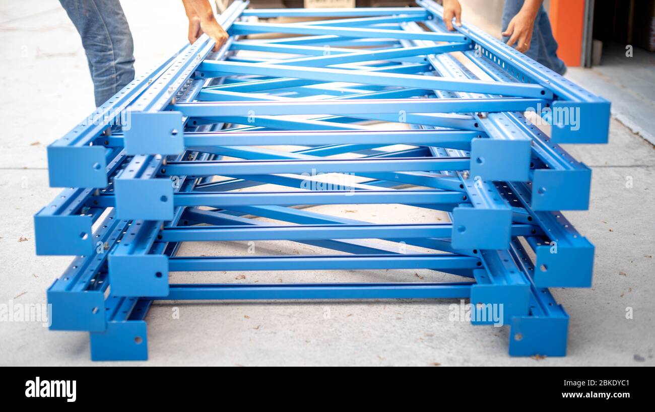 The blue of metal rack prepare to assembling in warehouse or storage ...