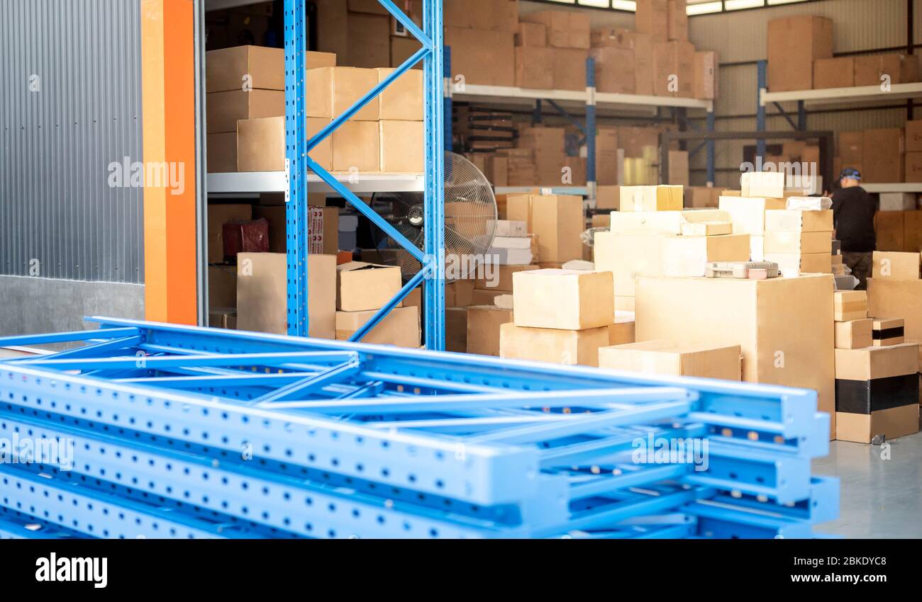 The blue of metal rack prepare to assembling in warehouse or storage ...