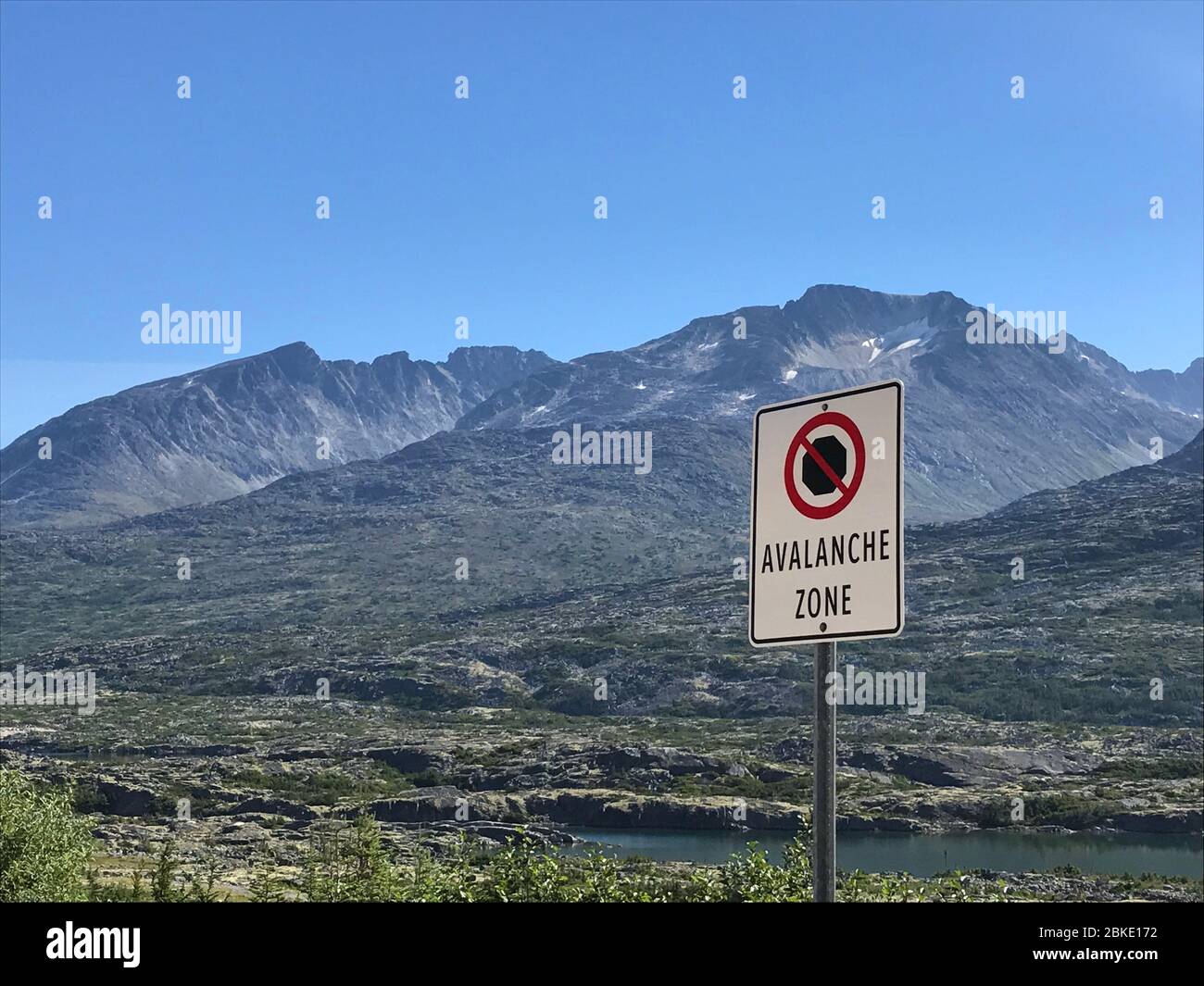 Avalanche Zone warning sign along Klondike Highway, north of Skagway ...