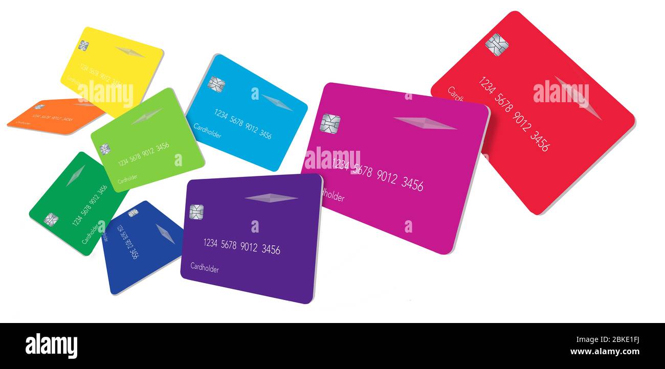 Nine credit card or debit cards in the colors of the spectrum float ...