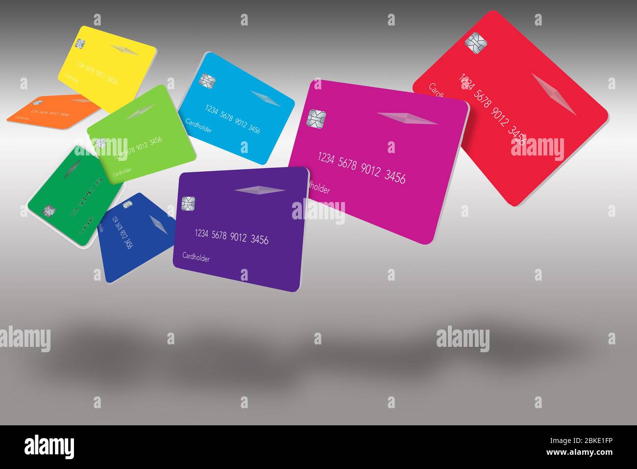 Nine credit card or debit cards in the colors of the spectrum float ...