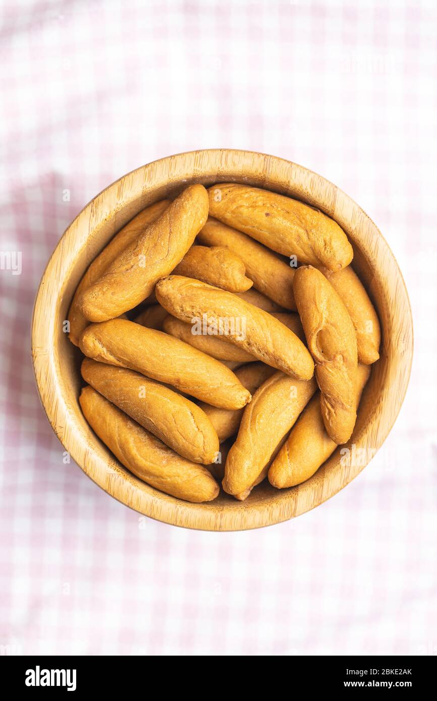 Mini bread sticks in bowl. Top view Stock Photo - Alamy