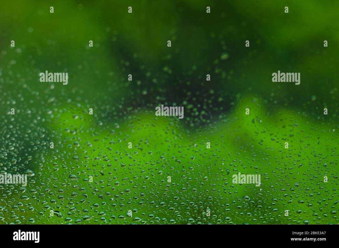 Blurred and focus of rain drop on glass window with green color ...