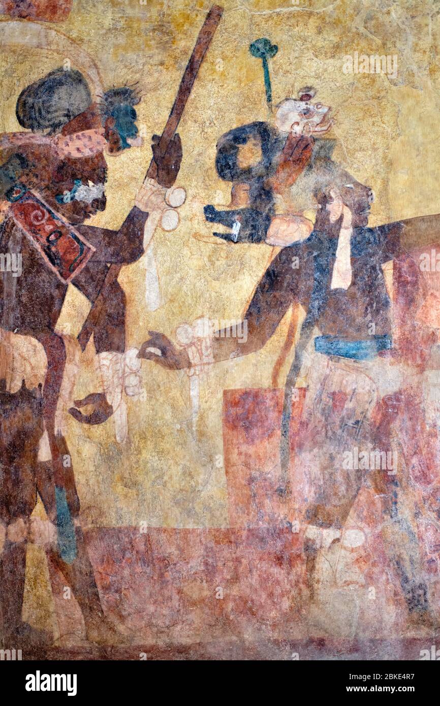 Wall paintings preserved inside a temple at the Bonampak archaeological ...