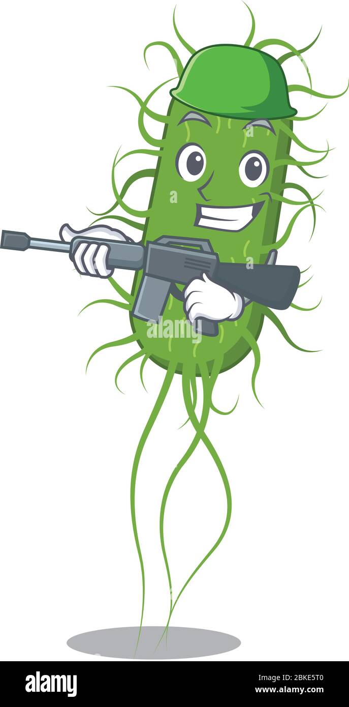 A cartoon picture of e.coli bacteria in Army style with machine gun ...