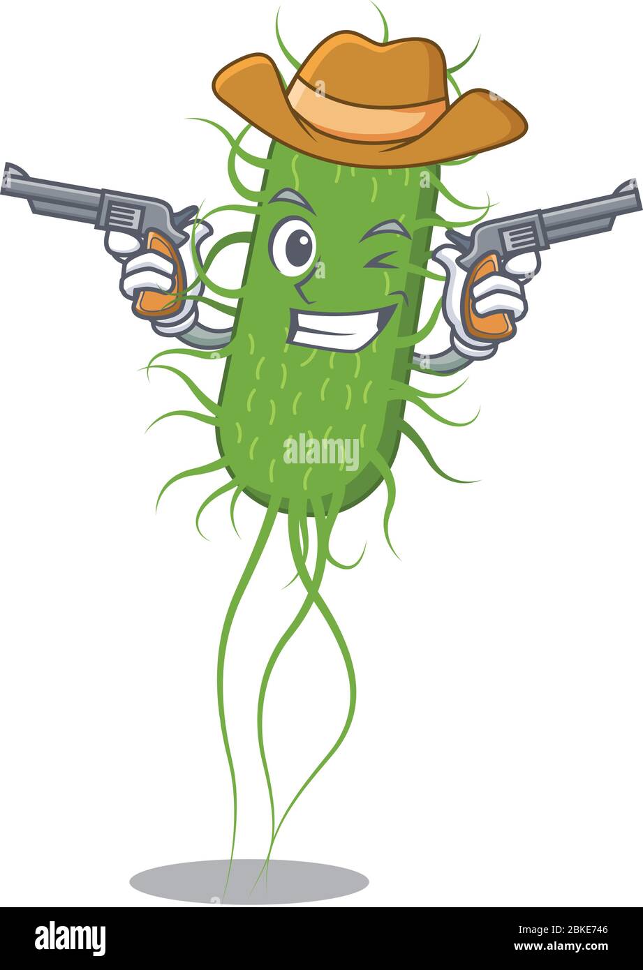 Cute handsome cowboy of e.coli bacteria cartoon character with guns ...
