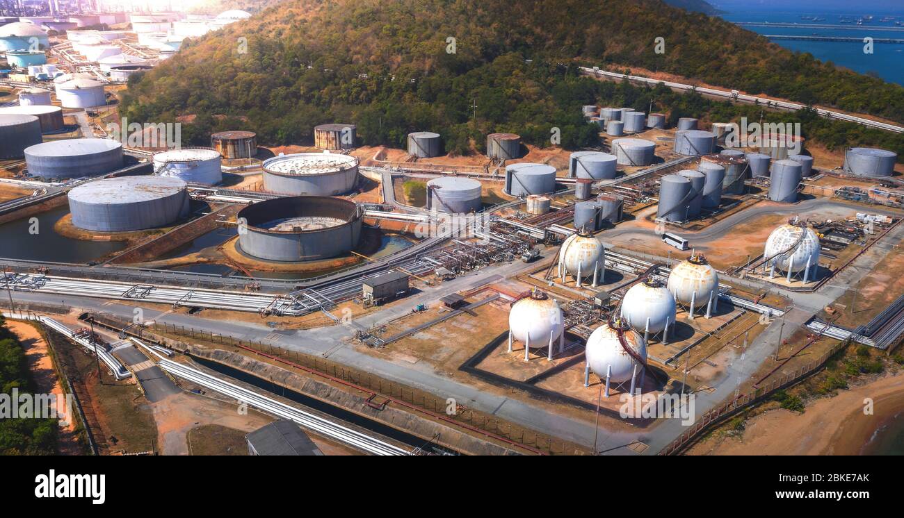 Aerial view at refining industry, Equipment oil pipeline of oil and gas ...