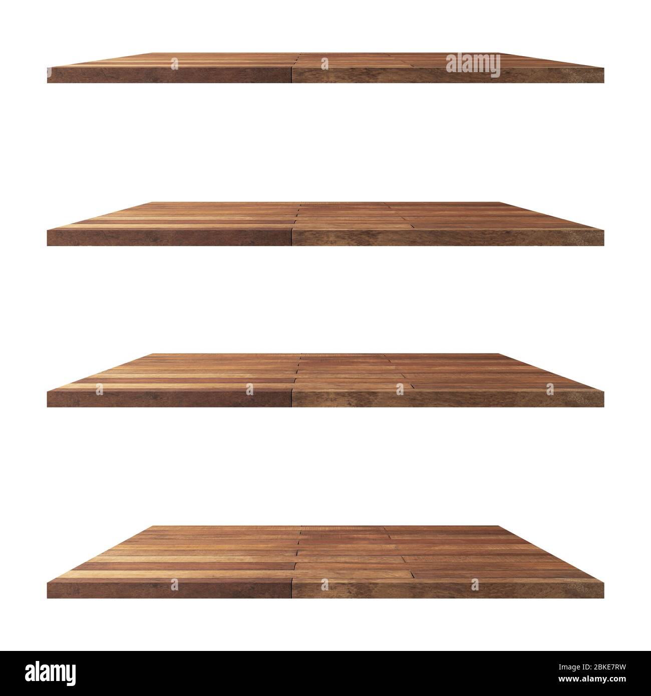 4 Wood shelves table isolated on white background and display montage ...