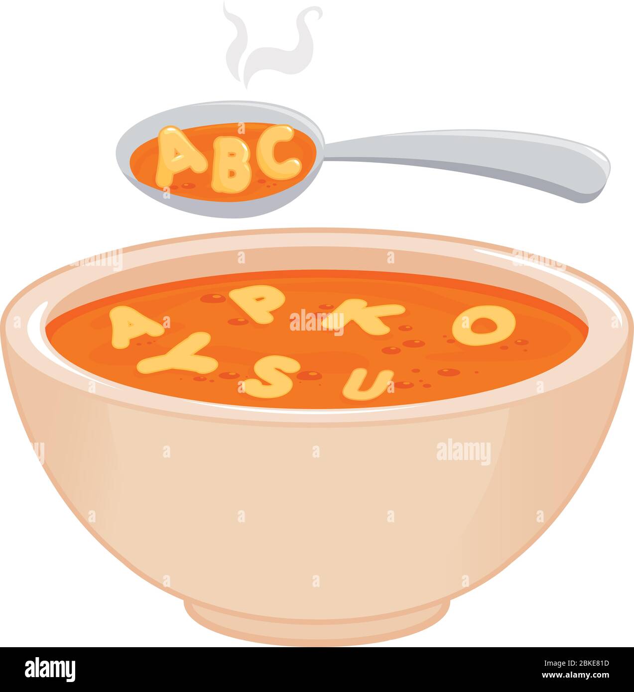 Bowl of alphabet pasta soup and spoon. Vector illustration Stock Vector ...
