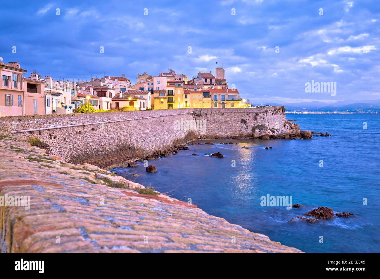 French riviera. Historic town of Antibes seafront and landmarks dawn ...