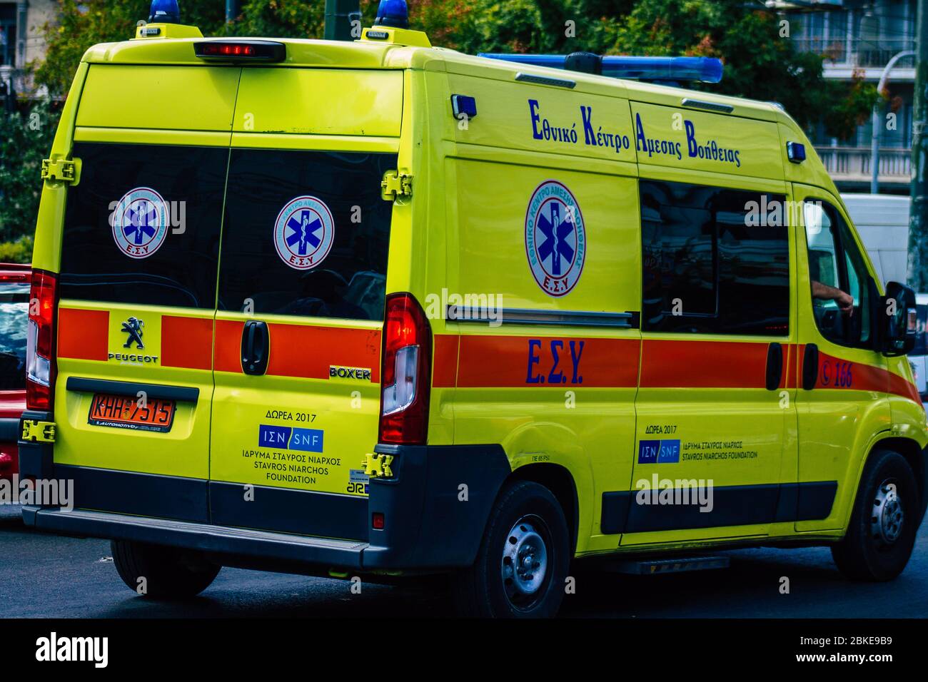 Athens Greece September 11, 2019 View of a Greek ambulance driving ...