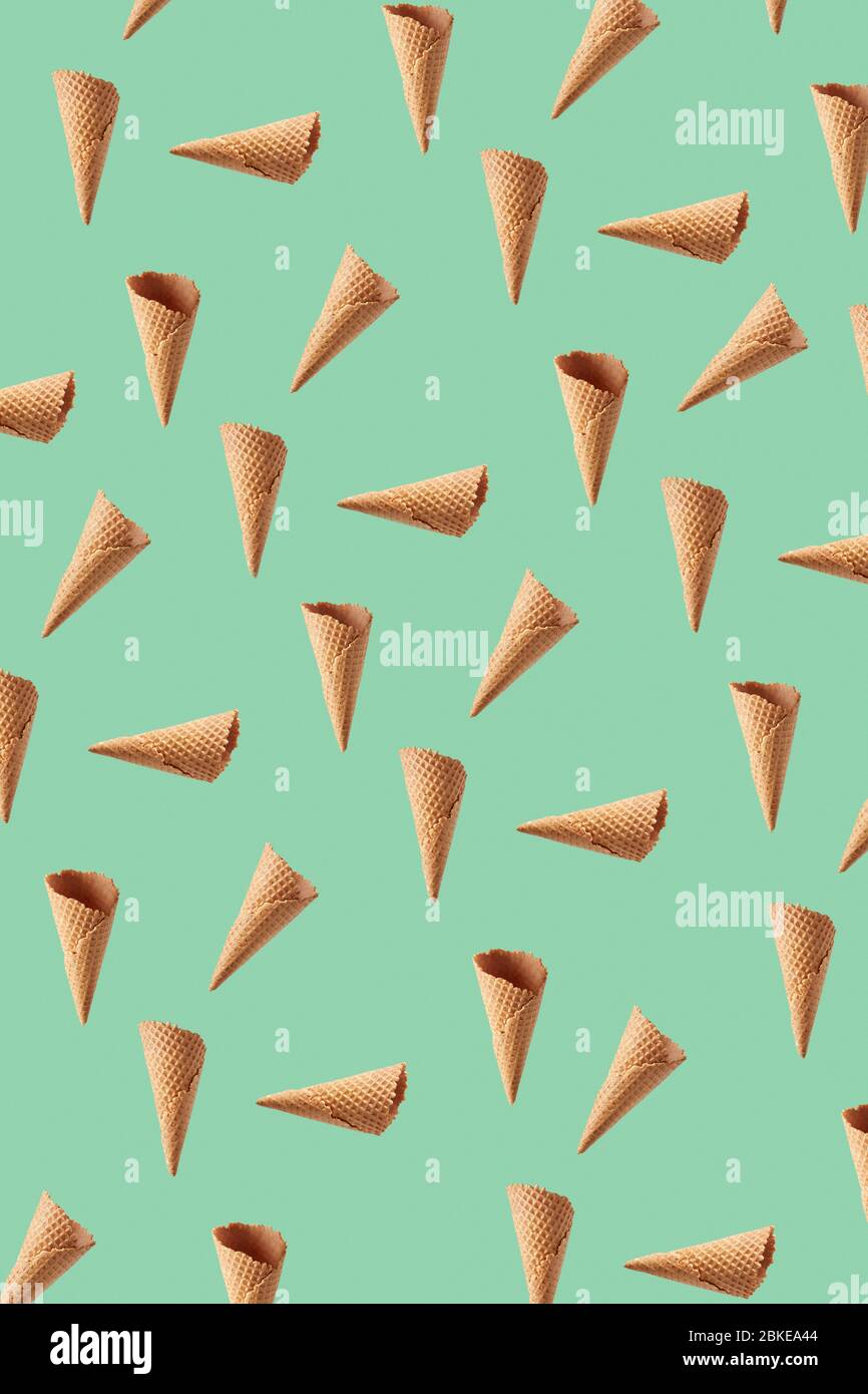 Floating waffle cones pattern for making sweet ice cream dessert Stock ...