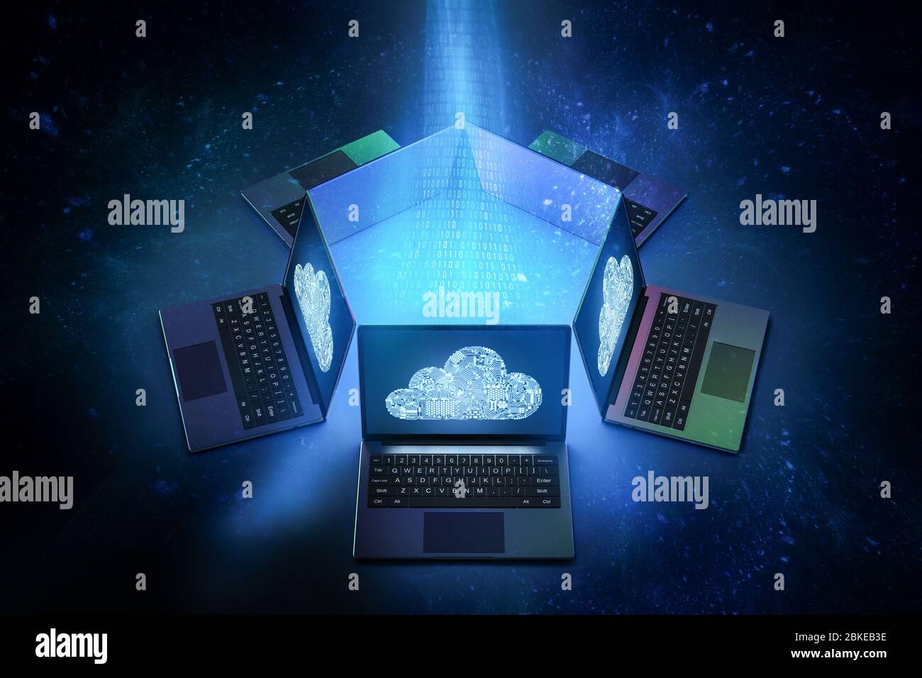 3d rendering group of computer notebooks connect with cloud technology ...