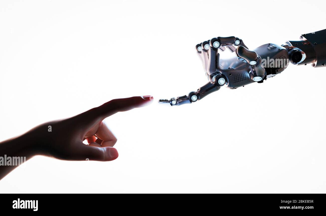 Technology connection concept with 3d rendering robot hand connect to ...