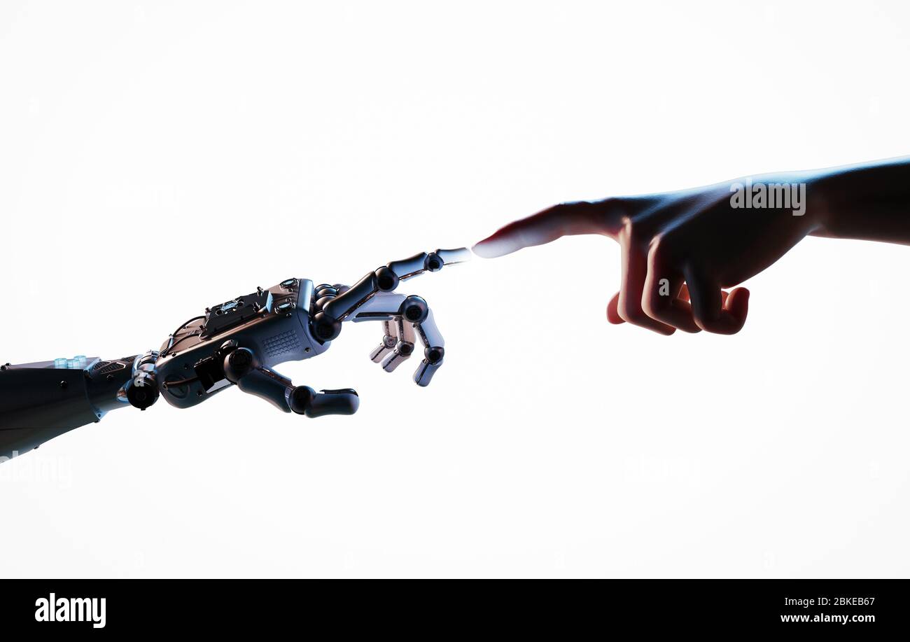 Technology connection concept with 3d rendering robot hand connect to ...