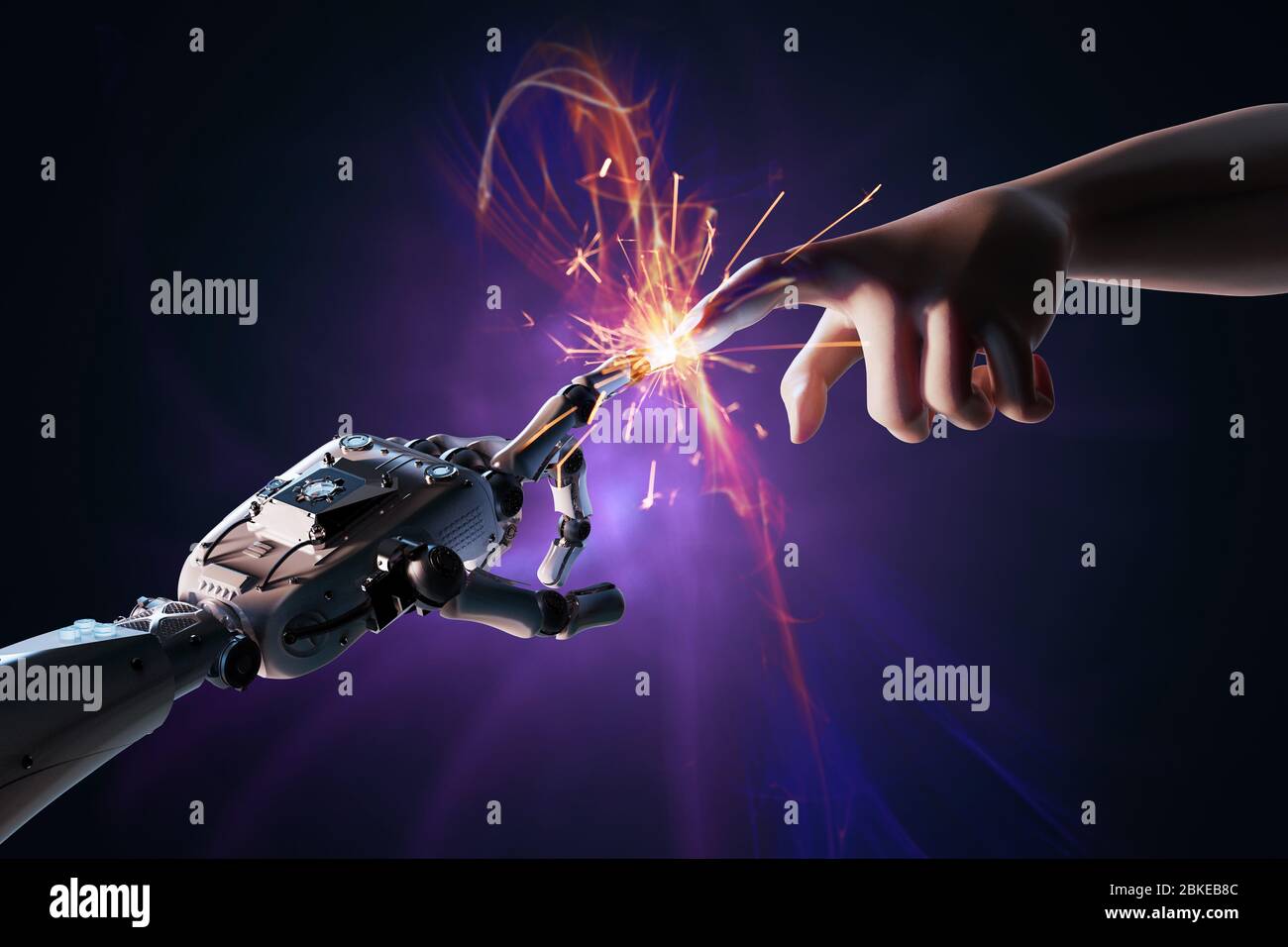 Technology connection concept with 3d rendering robot hand connect to ...