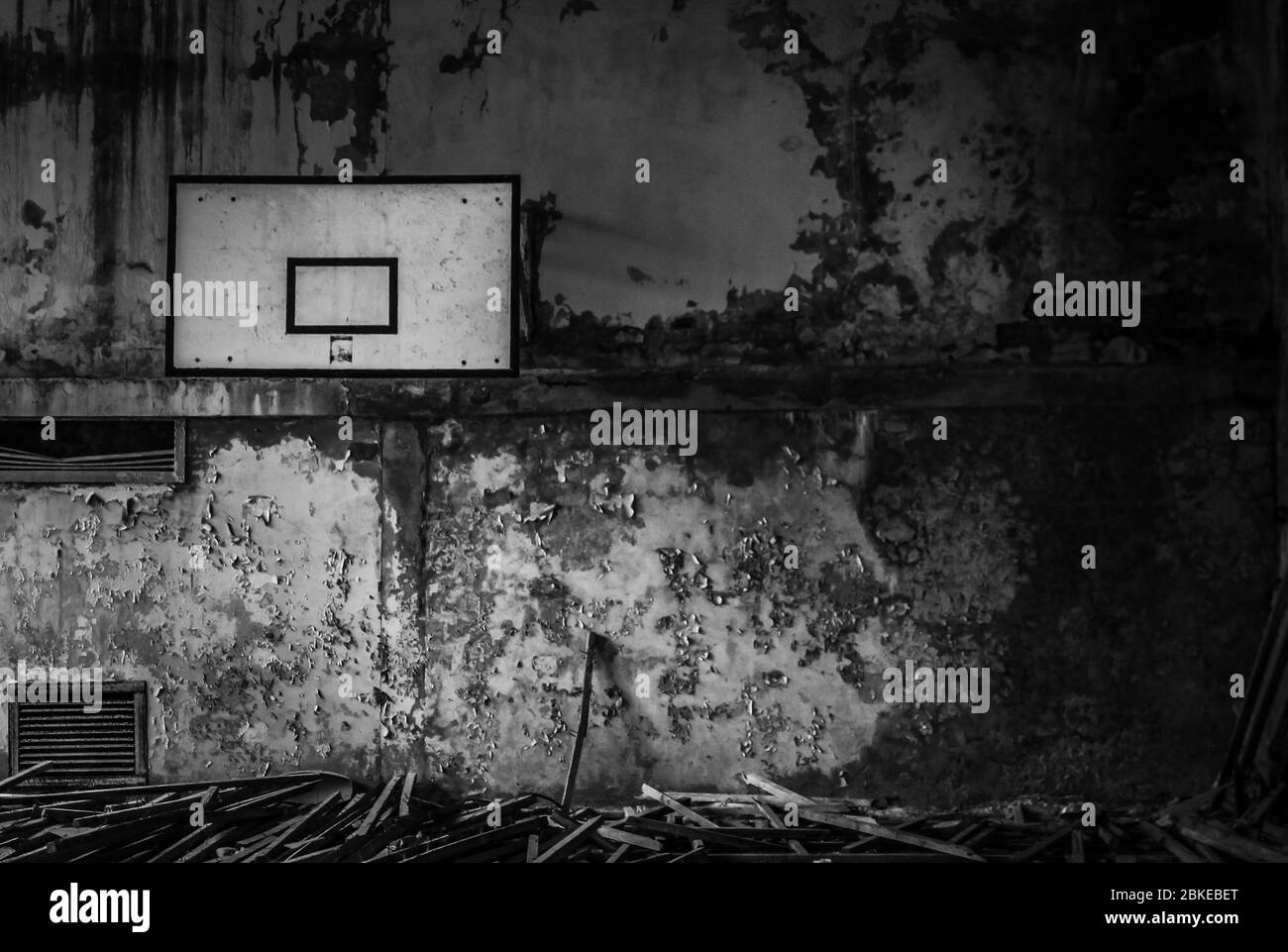 Black and white decaying basketball court in Pripyat, Ukraine ...