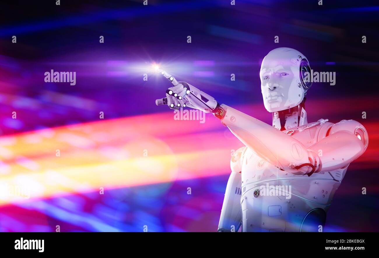 3d rendering cyborg or robot finger point with shining light Stock ...
