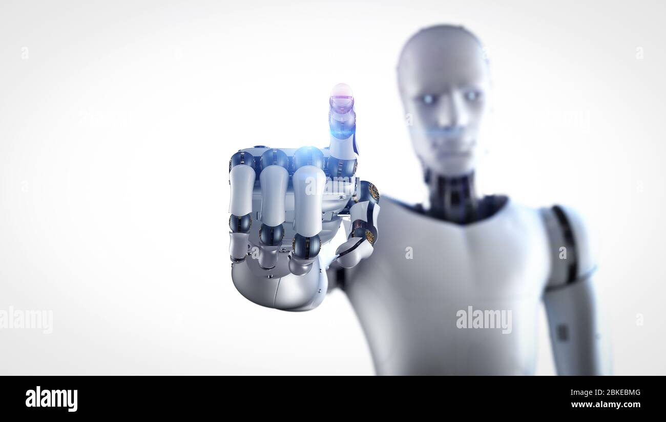 3d rendering cyborg or robot finger point with shining light on white ...