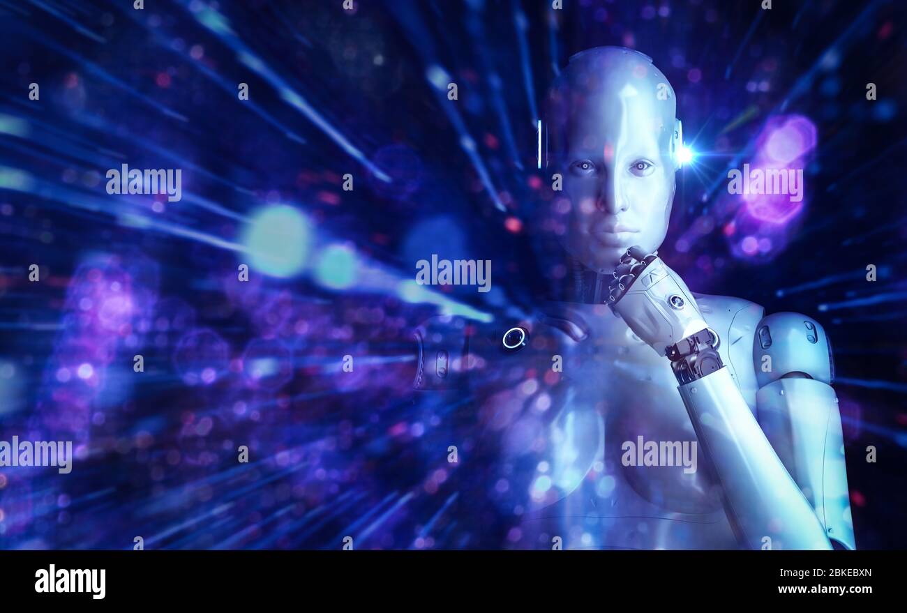 3d rendering ai robot think or compute with shining light Stock Photo ...