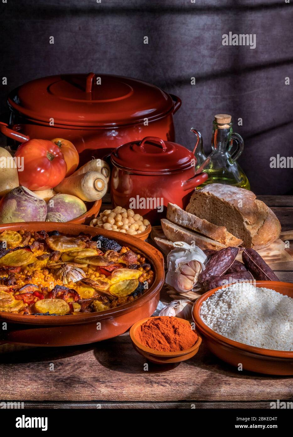 Valencian baked rice at oven with pork, blood sausage garlic tomato ...