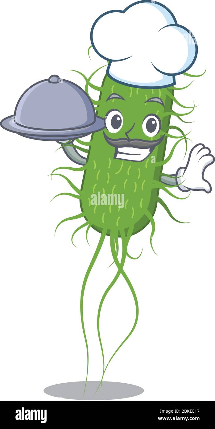 E.coli bacteria chef cartoon character serving food on tray Stock ...