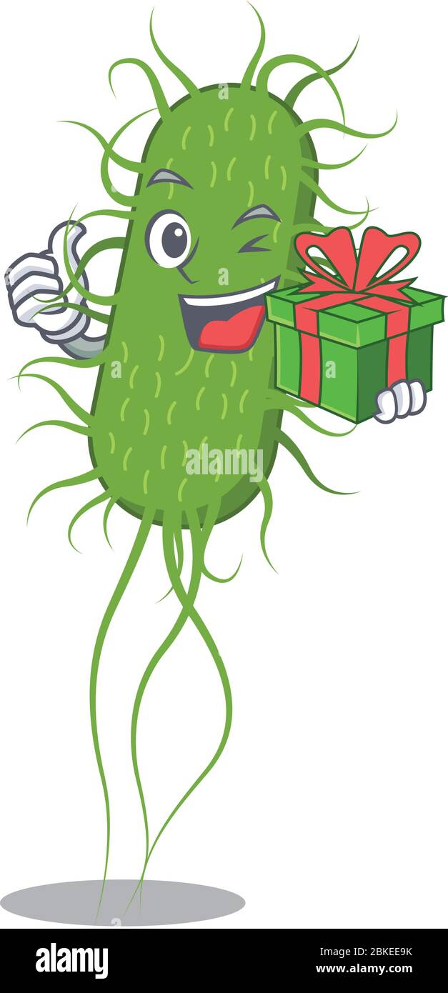 Smiling e.coli bacteria cartoon character having a green gift box Stock ...