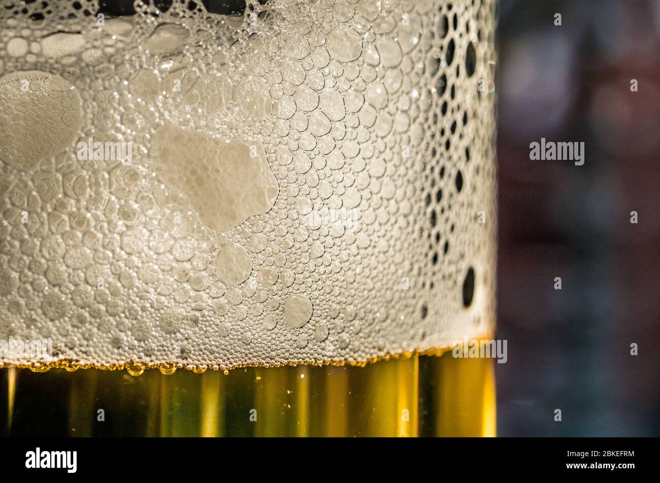 Water drops on glass of beer. Close up bubbles cold beer background ...