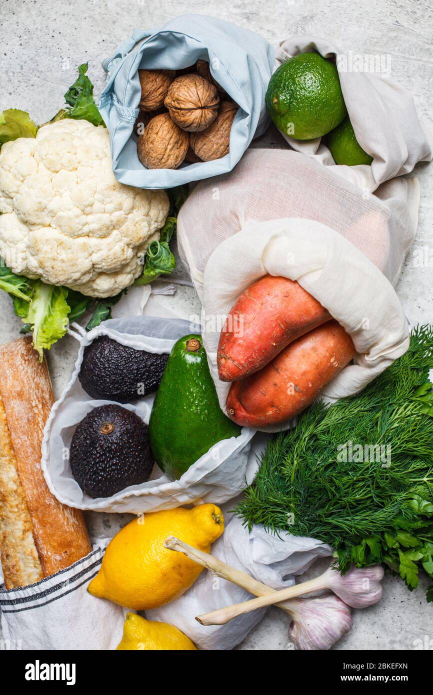 Zero waste concept. Fresh vegetables in cotton eco bags. Plastic free ...