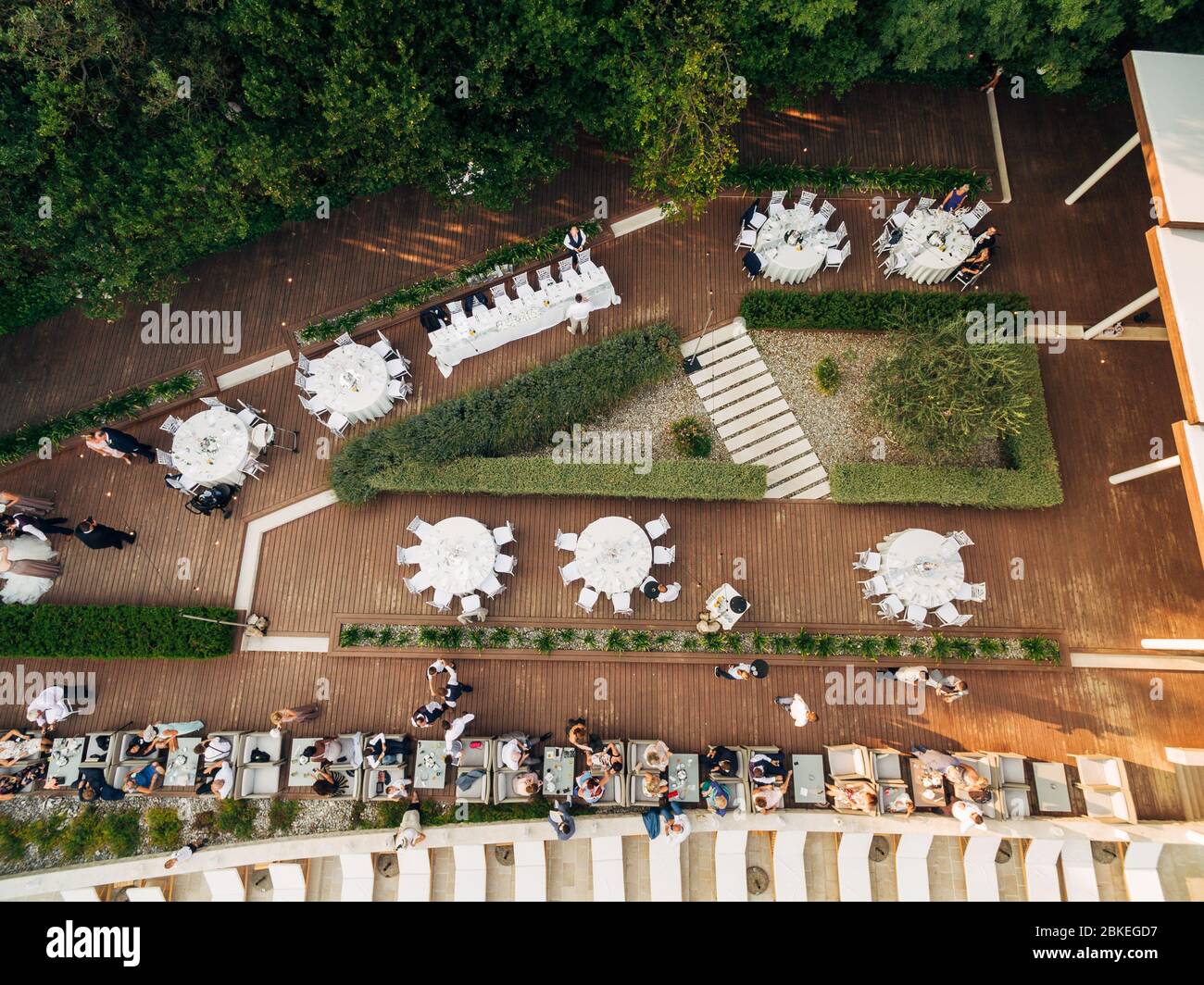 Wedding Reception Table Setting, dinner by the sea aerial top view ...