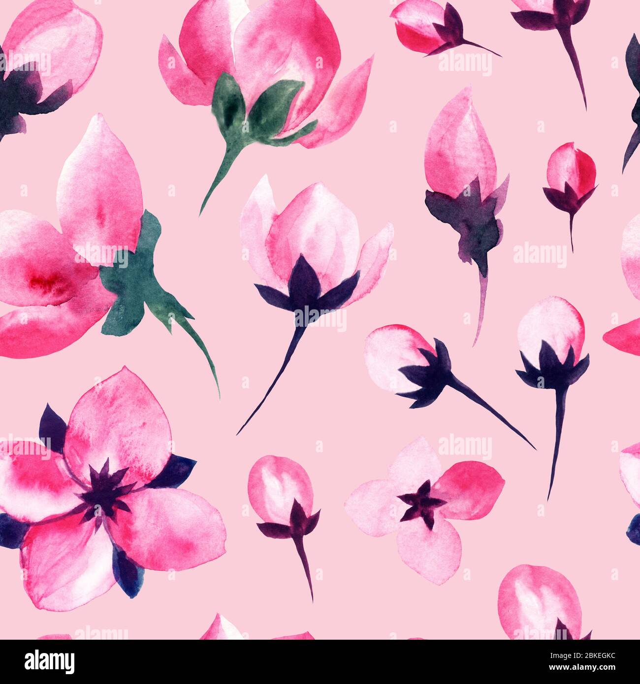 Pink sakura flowers pattern background, watercolor floral blossom ...