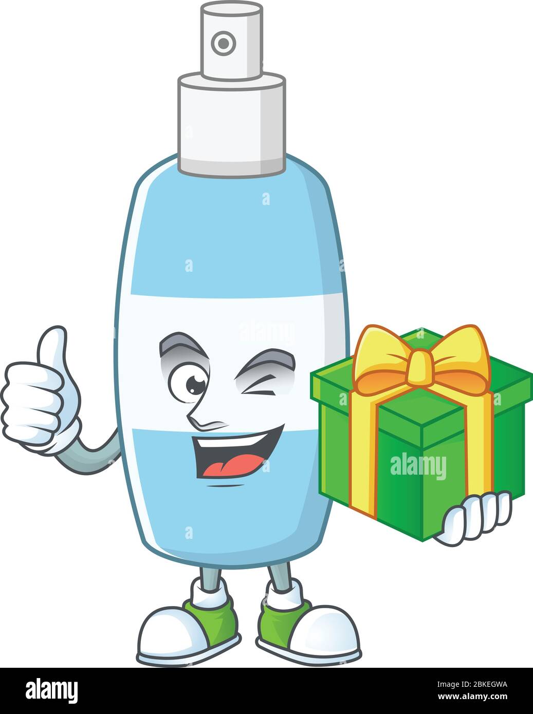 Smiley spray hand sanitizer cartoon character holding a gift box Stock ...