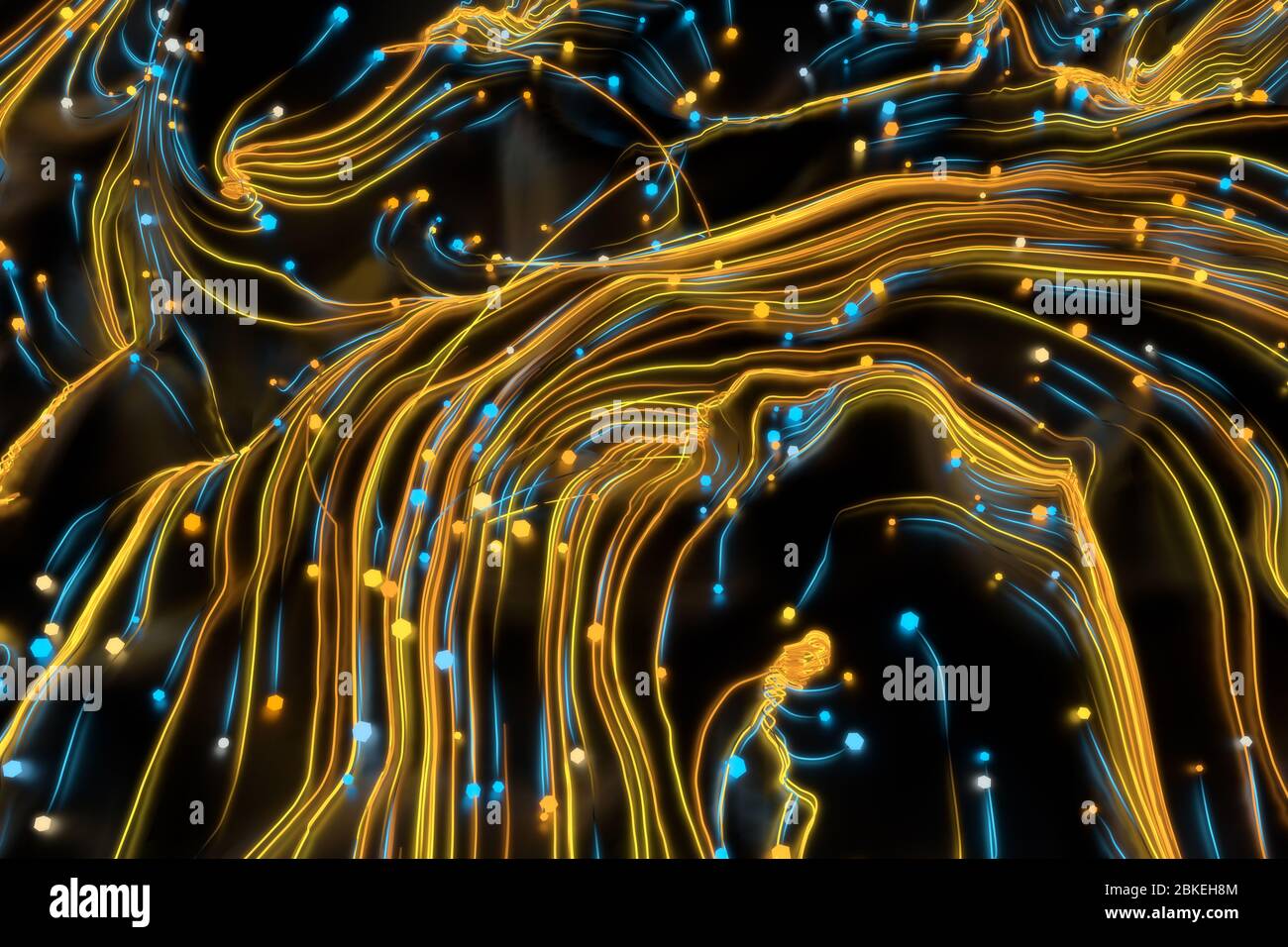 Neon glowing twisted cosmic lines on the glossy surface. Turbulence ...