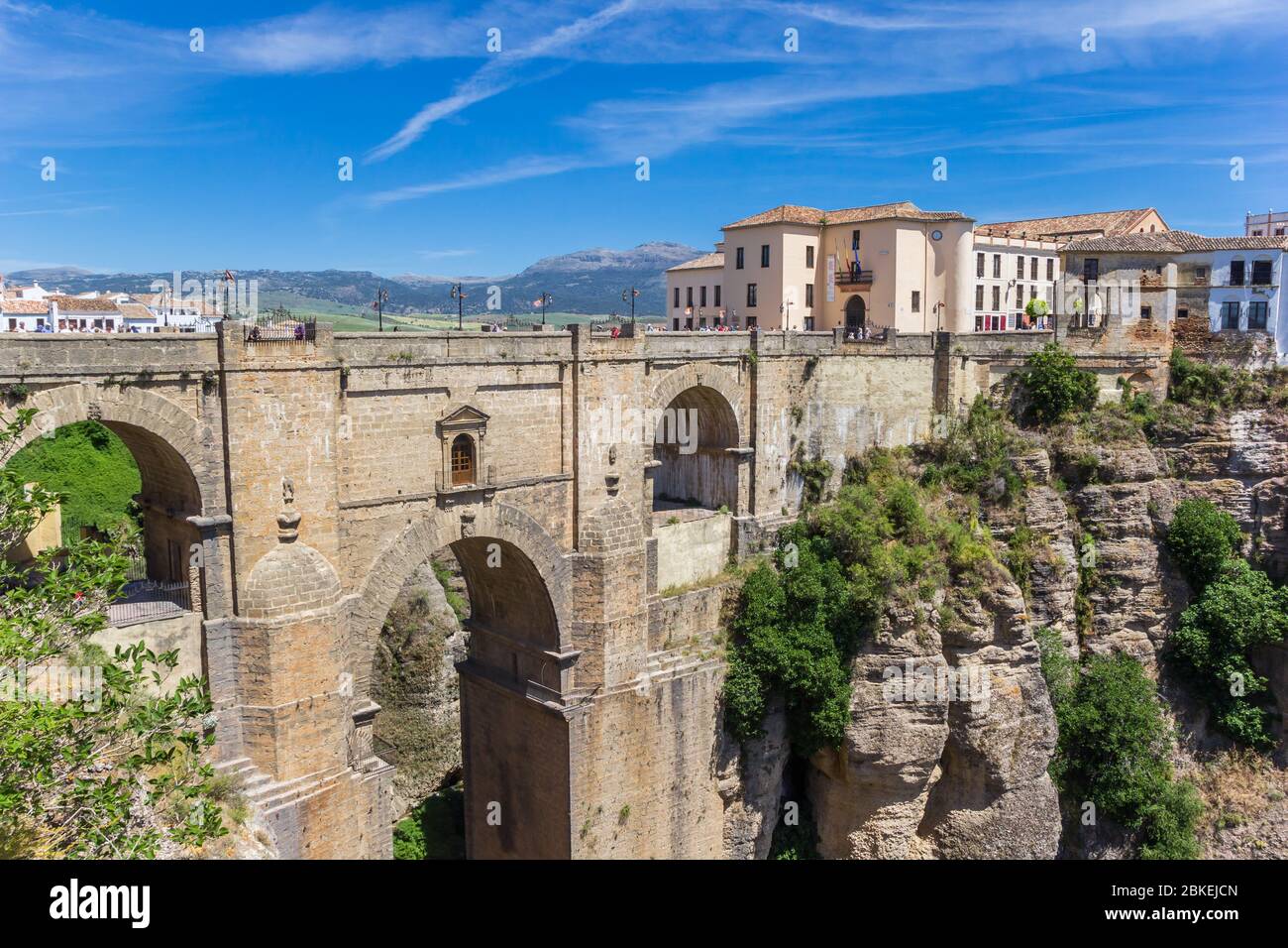 Historic buildings at the Puente Nuevo bridge in Ronda, Spain Stock ...