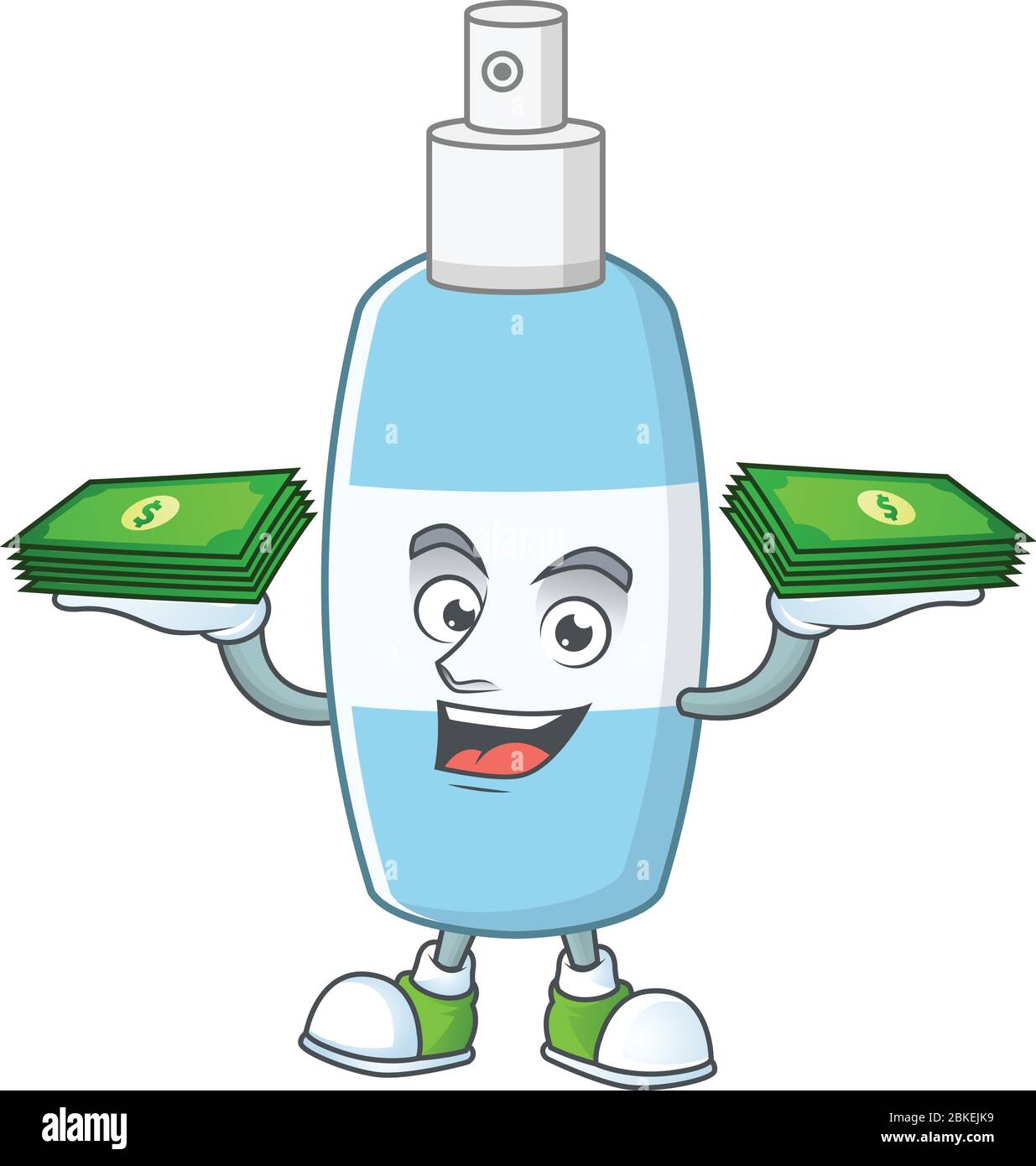 A cheerful spray hand sanitizer mascot design with some money on hands ...