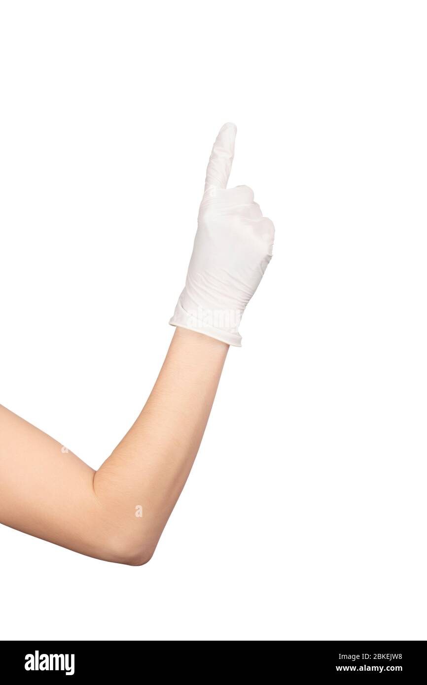 Hand pointing upward. Hand in a disposable latex glove isolated on ...