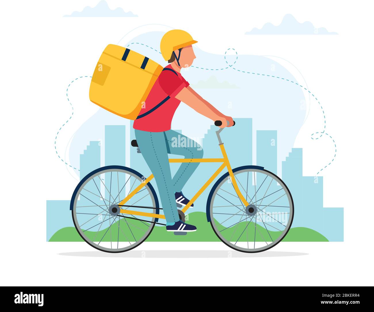 Bike delivery service concept, male courier character riding bicycle ...