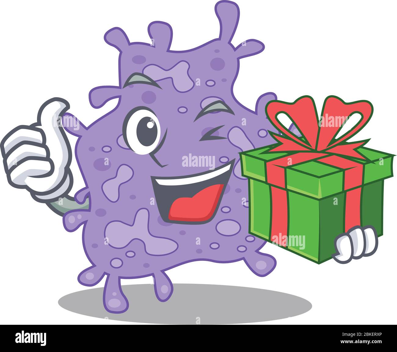 Smiling staphylococcus aureus cartoon character having a green gift box ...