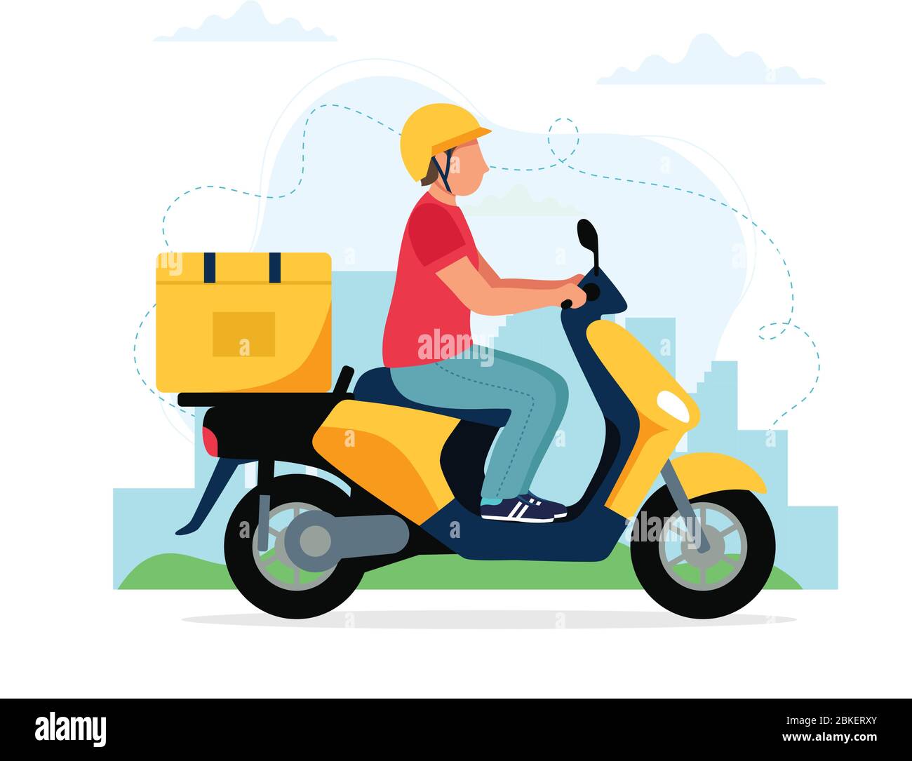 Scooter delivery service concept, male courier character riding scooter ...