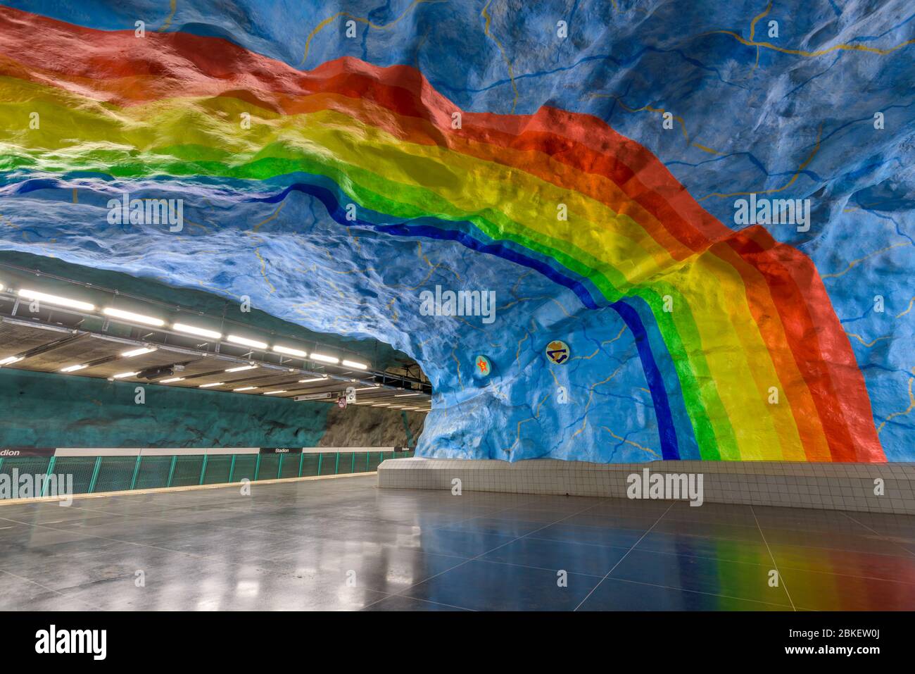 Stadion Station with a painted rainbow, station of the Tunnelbana. Art ...