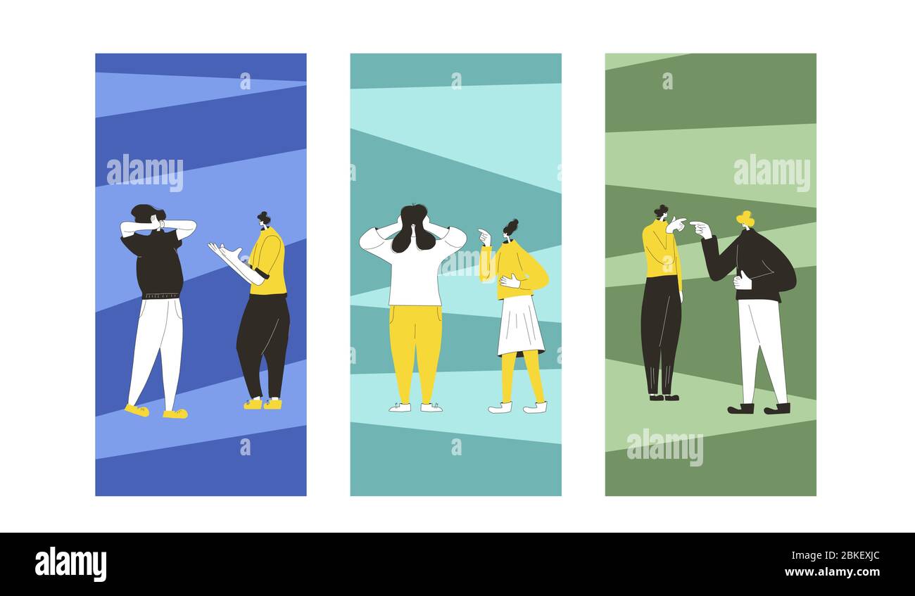 Conflict vertical banners for story. Pairs of people during argument ...