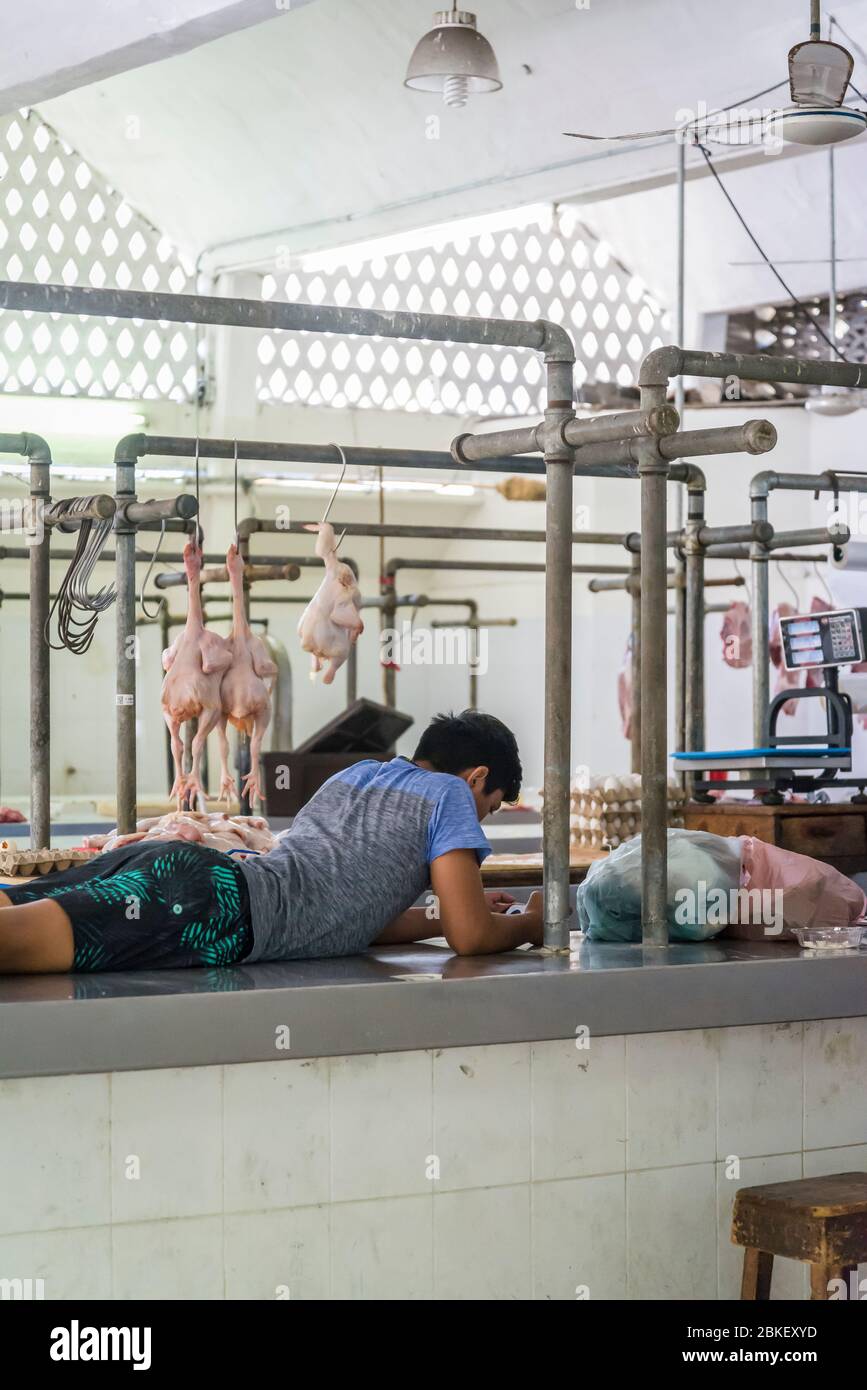 Man lying on a stall in empty meat market, Mercado de Santiago, Merida ...