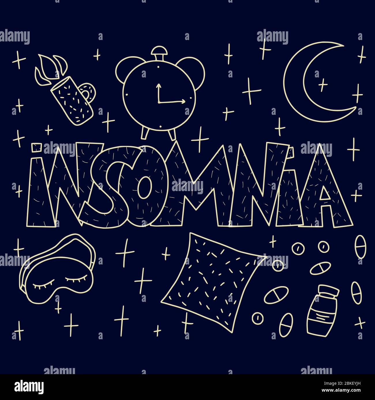 Insomnia poster in doodle style. Hand drawn text and night symbols ...
