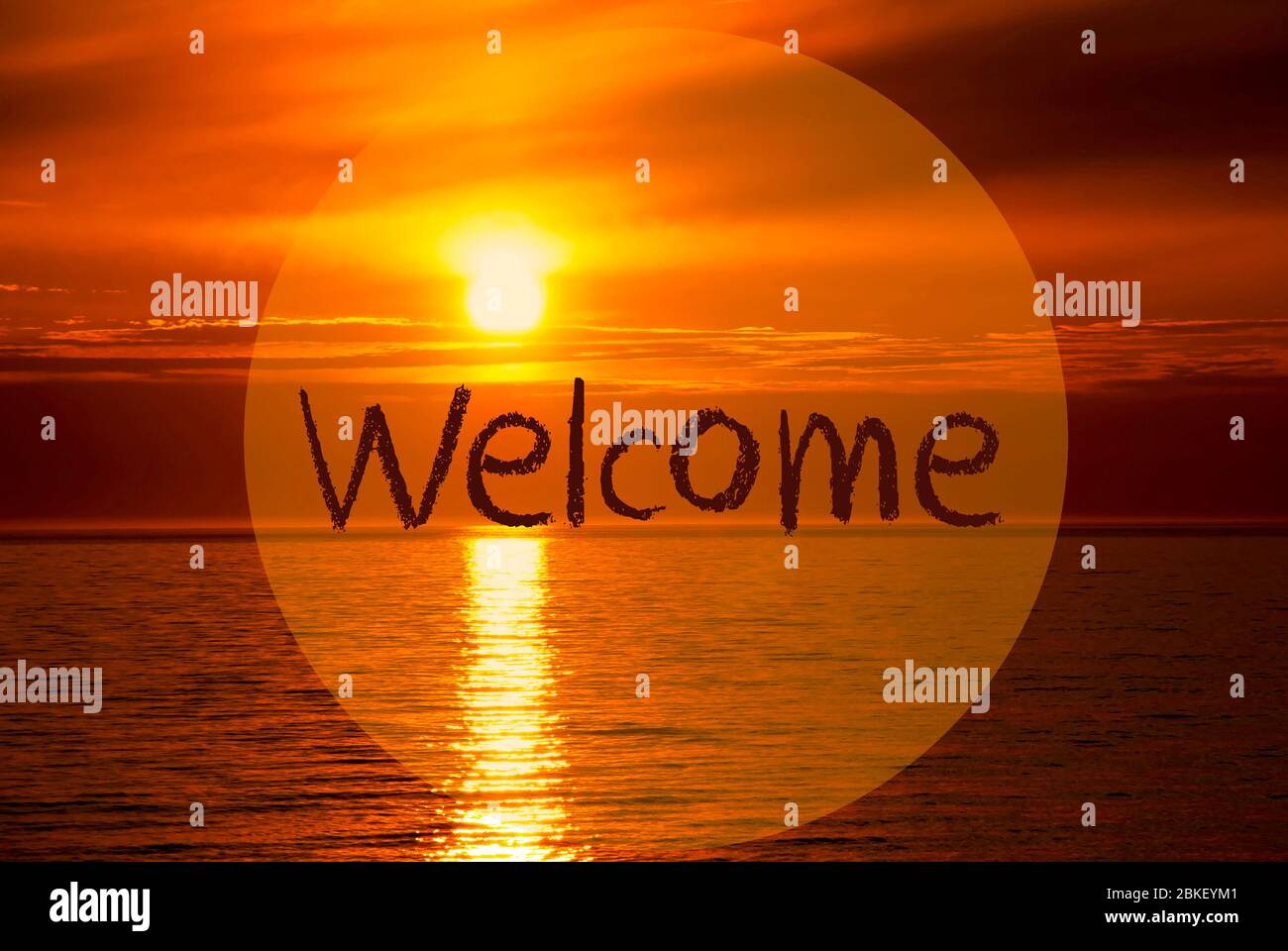 Romantic Ocean Sunset, Sunrise, English Text Welcome Stock Photo - Alamy