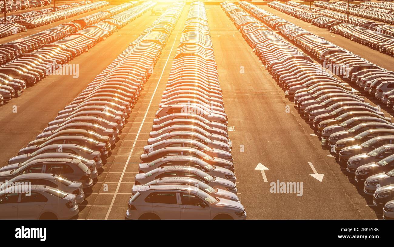 New cars parked in a distribution center on a sunset or sunrise and car ...