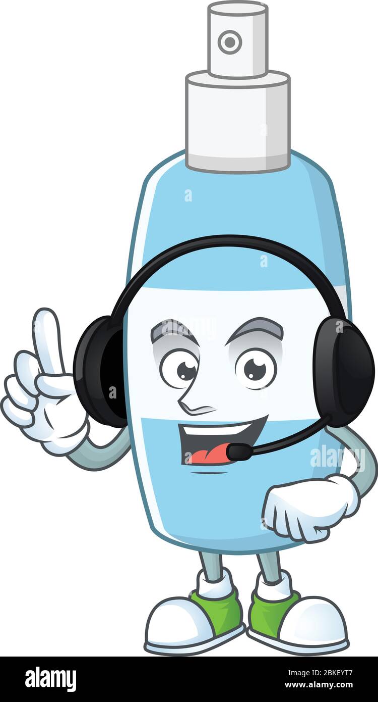 Spray hand sanitizer cartoon character style speaking on headphone ...