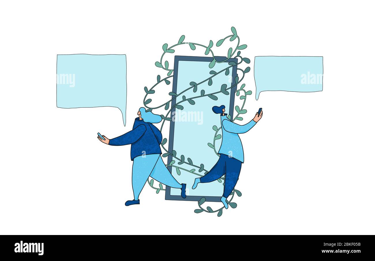 Cute characters using their mobile for texting a message. Two young ...